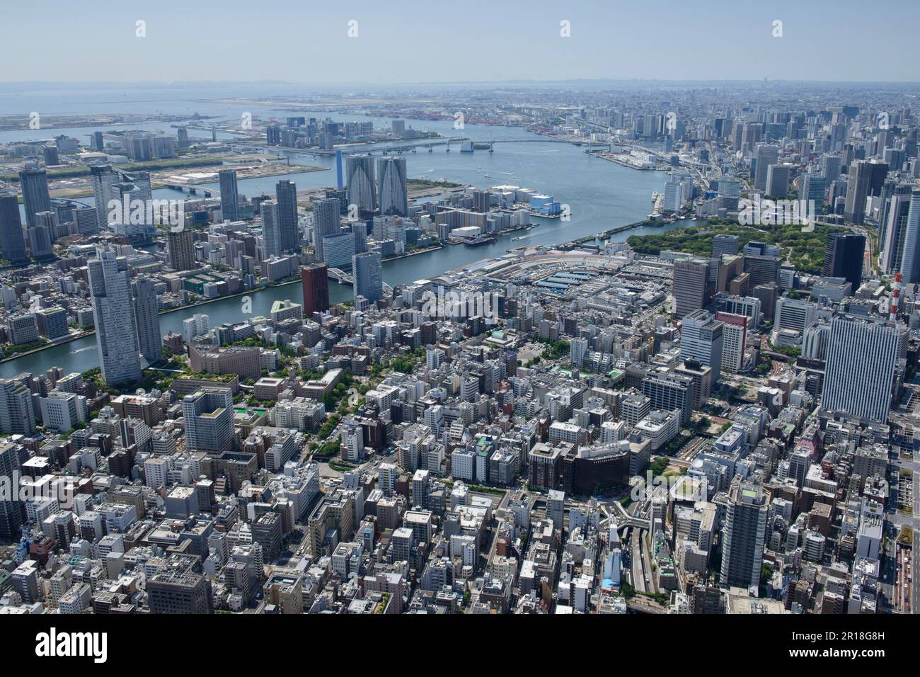 Shintomicho station aerial shot view from the North side towards Odaiba ...