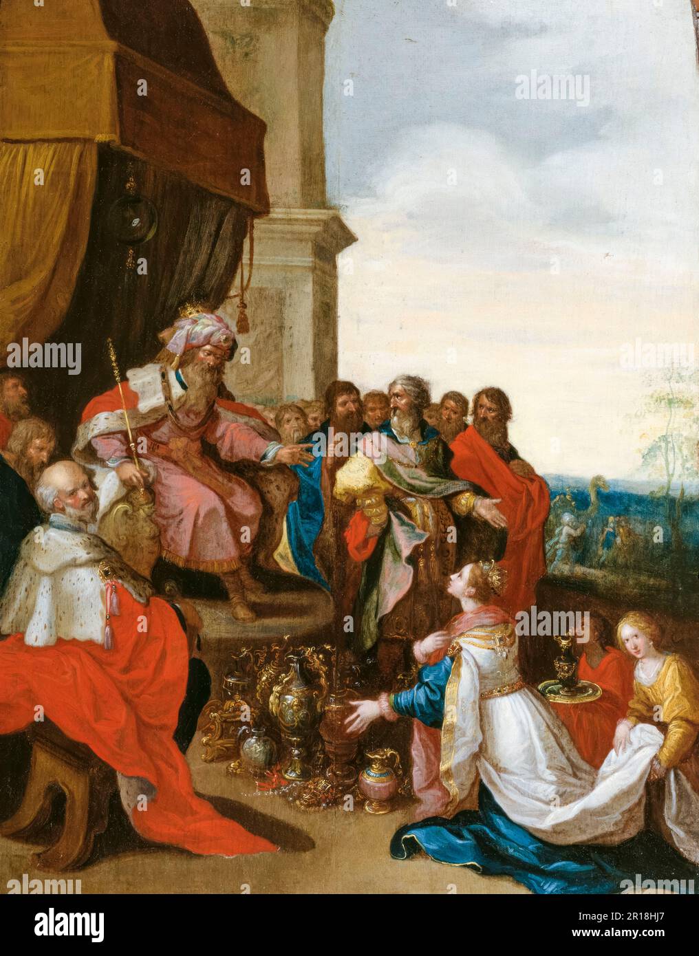King Solomon receiving the Queen of Sheba, painting in oil on panel by ...