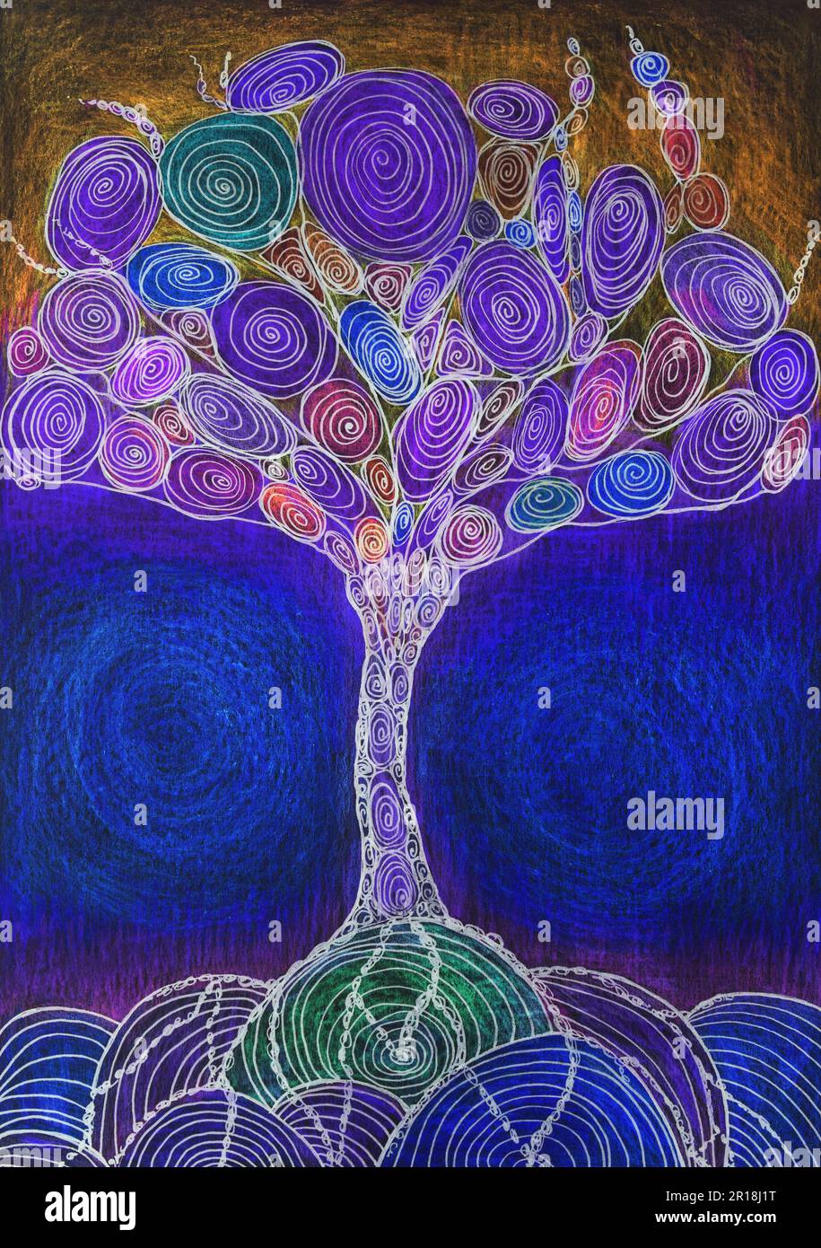 Tree of life with swirls in the blue hour. The dabbing technique near ...