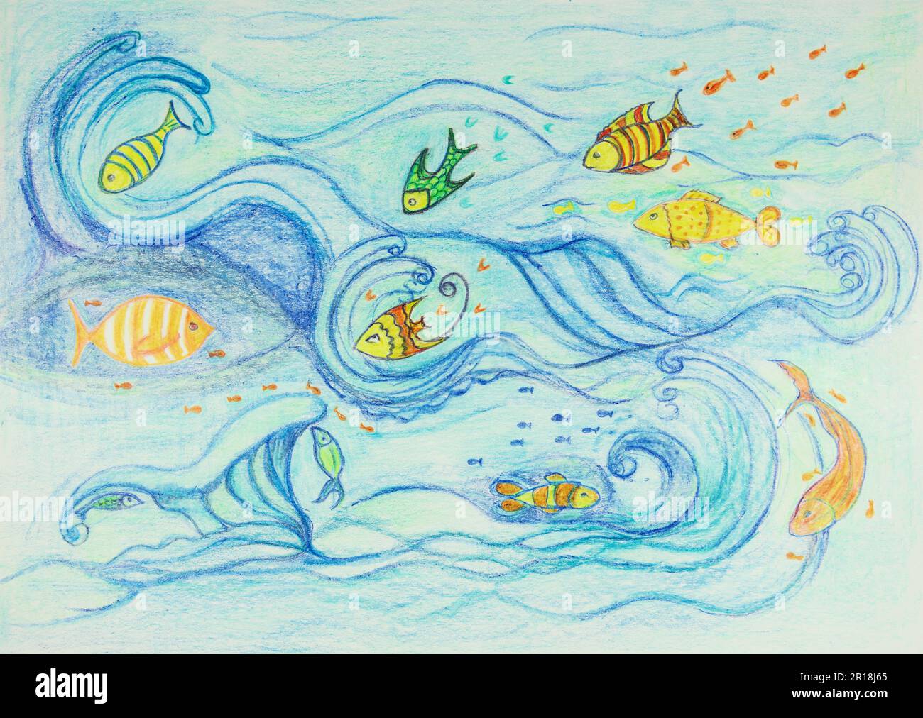 Whimsical fishes in swirling water. The dabbing technique near the ...