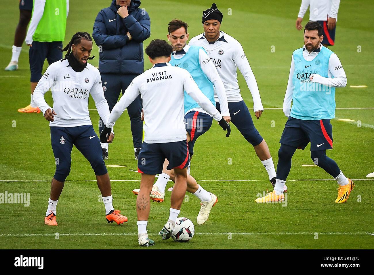 Paris, France - May 12, 2023, Renato SANCHES of PSG, Fabian RUIZ of PSG, Kylian MBAPPE of PSG ...