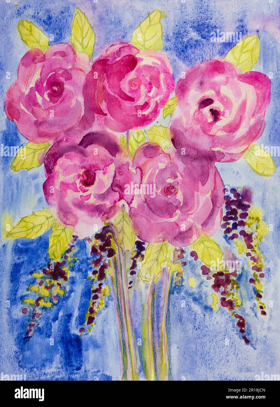 A bouquet of five watercolor roses. The dabbing technique near the ...