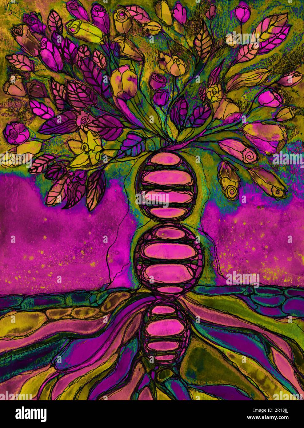 Pink psychedelic tree of life with cosmic eggs. The dabbing technique ...