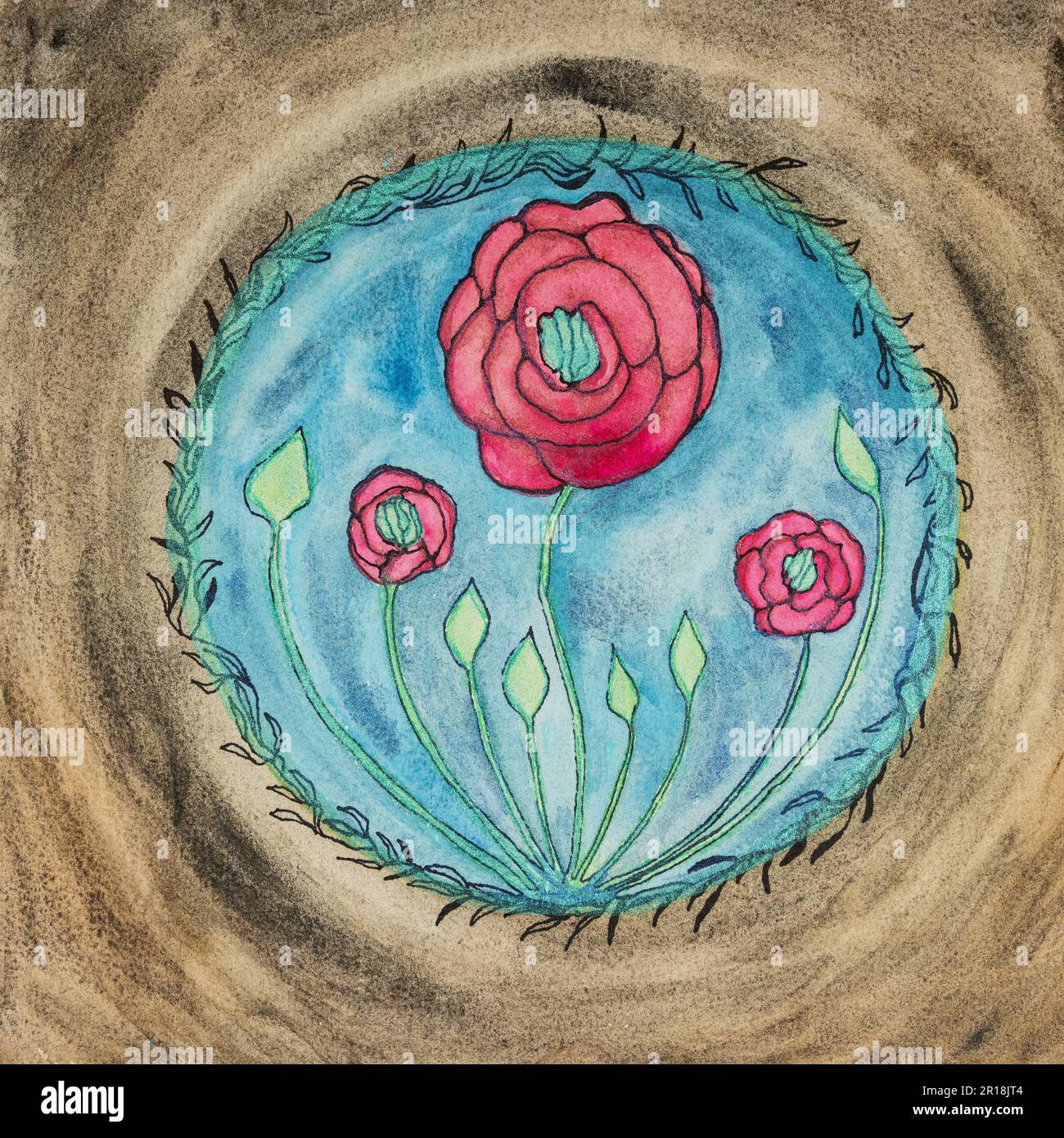 Three ornamental roses in circle . The dabbing technique near the edges ...