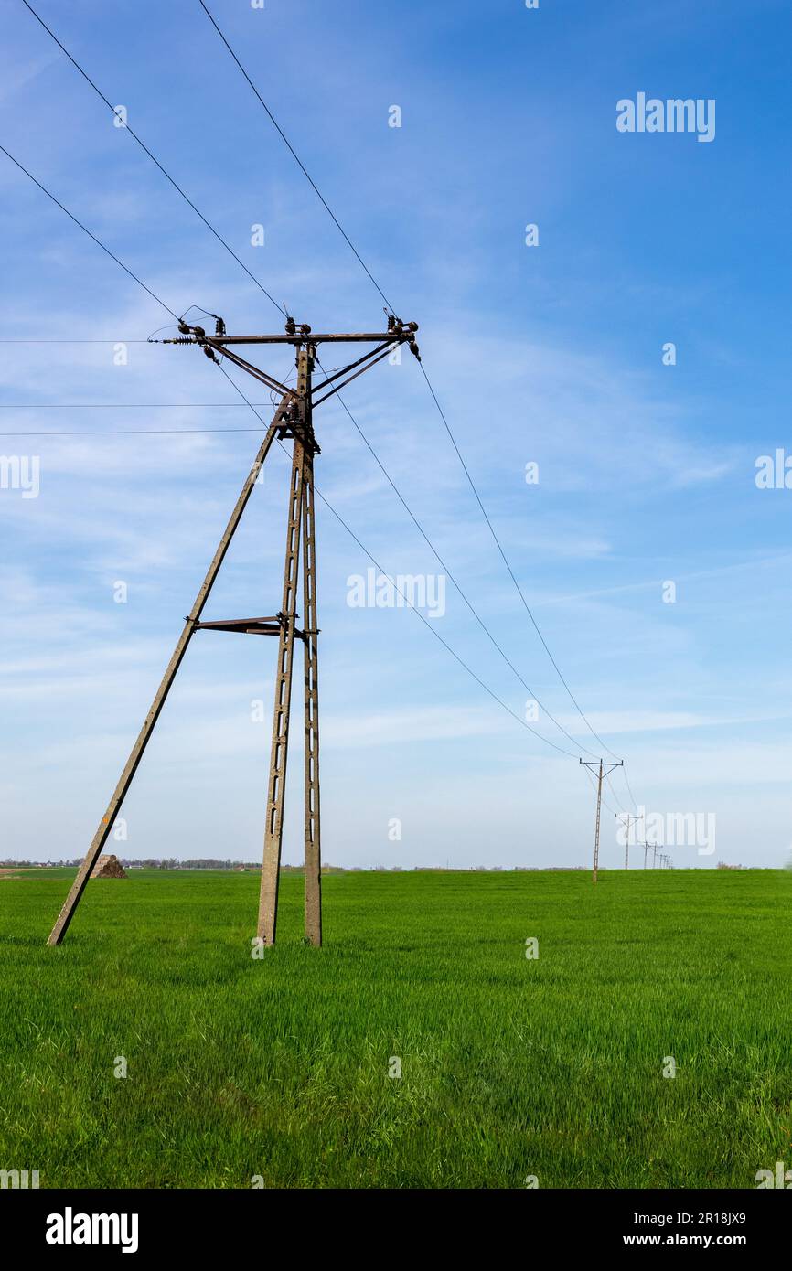 This photo shows old electrical poles on farmland in the countryside ...