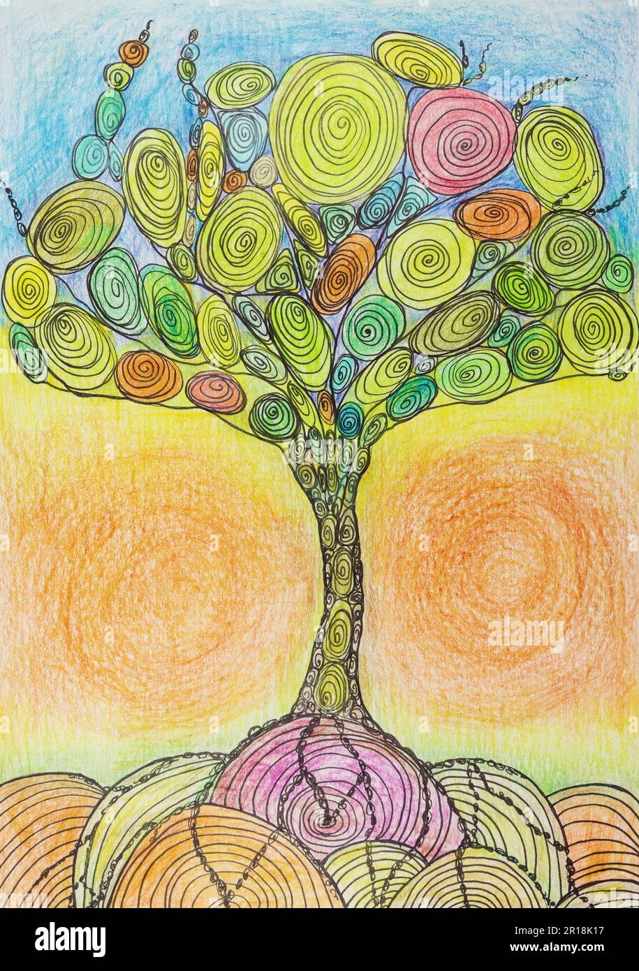 Colorful tree of life with swirls. The dabbing technique near the edges ...