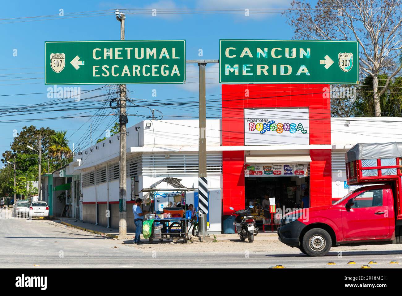 Vehicles road sign on highway 307, Bacalar, Quintana Roo, Mexico for ...
