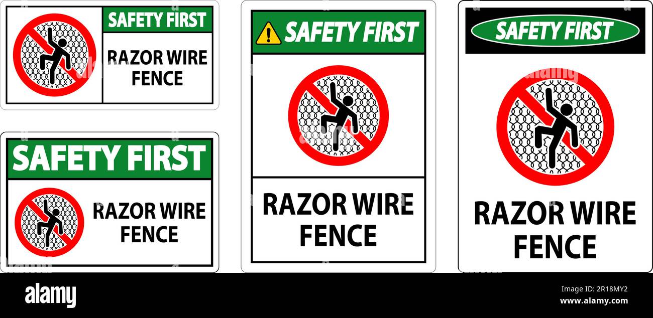 Safety First Sign Razor Wire Fence On White Background Stock Vector ...