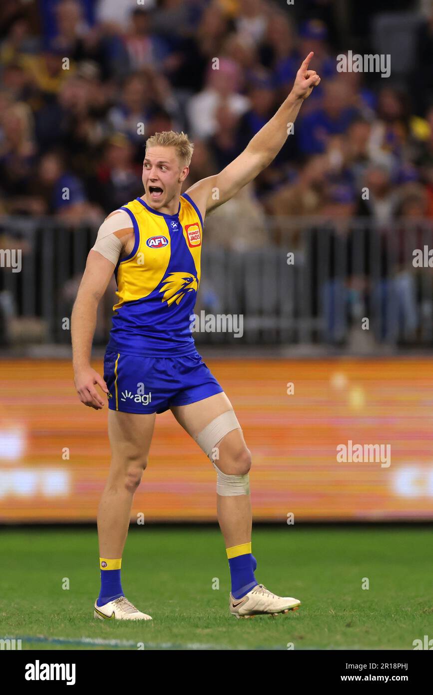 Oscar Allen of the Eagles celebrates after kicking a goal during the ...