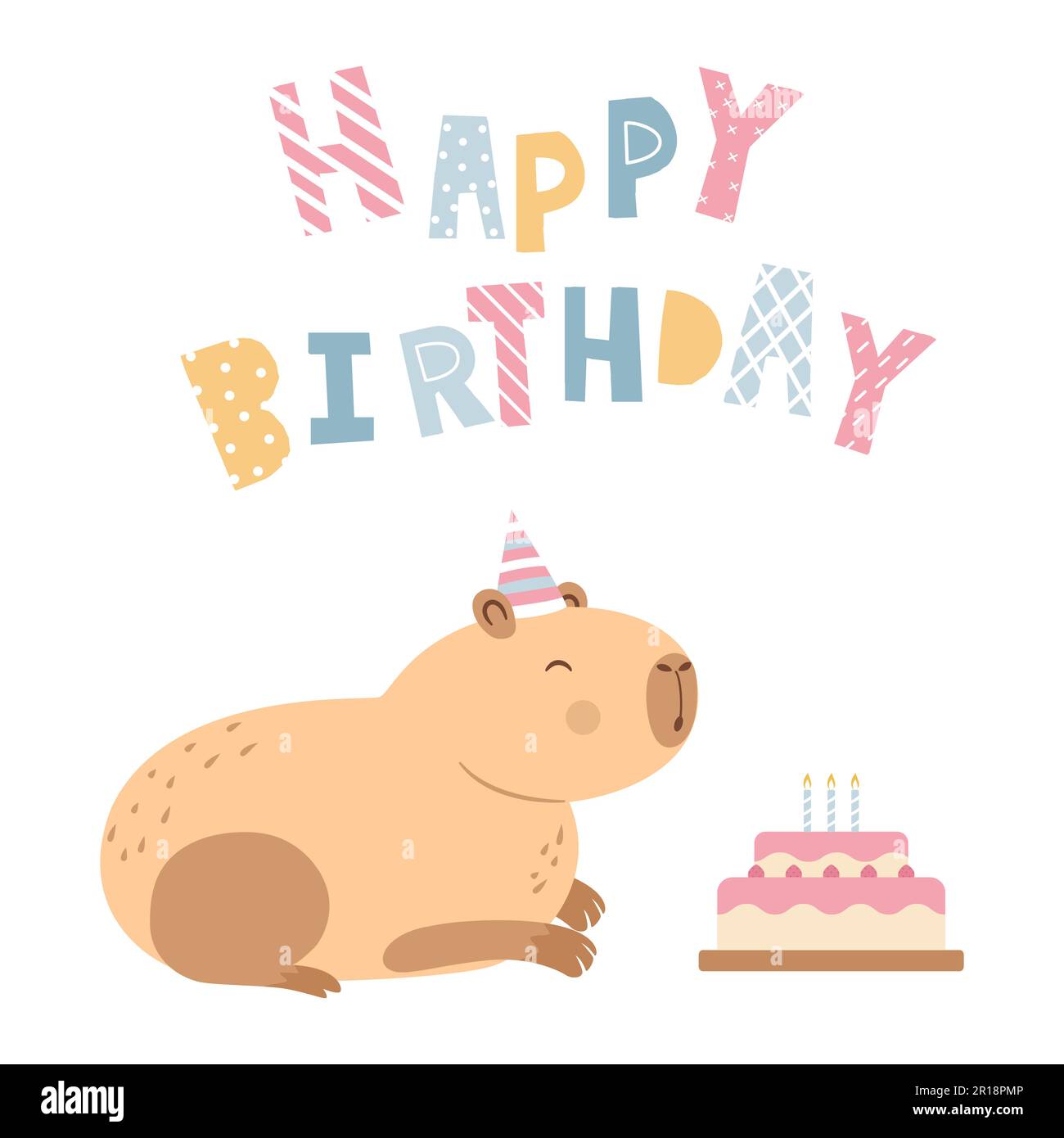 Capybara in a party hat, lettering happybirthday, greeting card ...