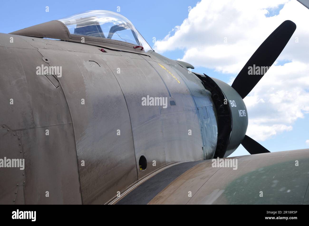 Looking up at the cockpit and propeller of a world war II plane Stock ...