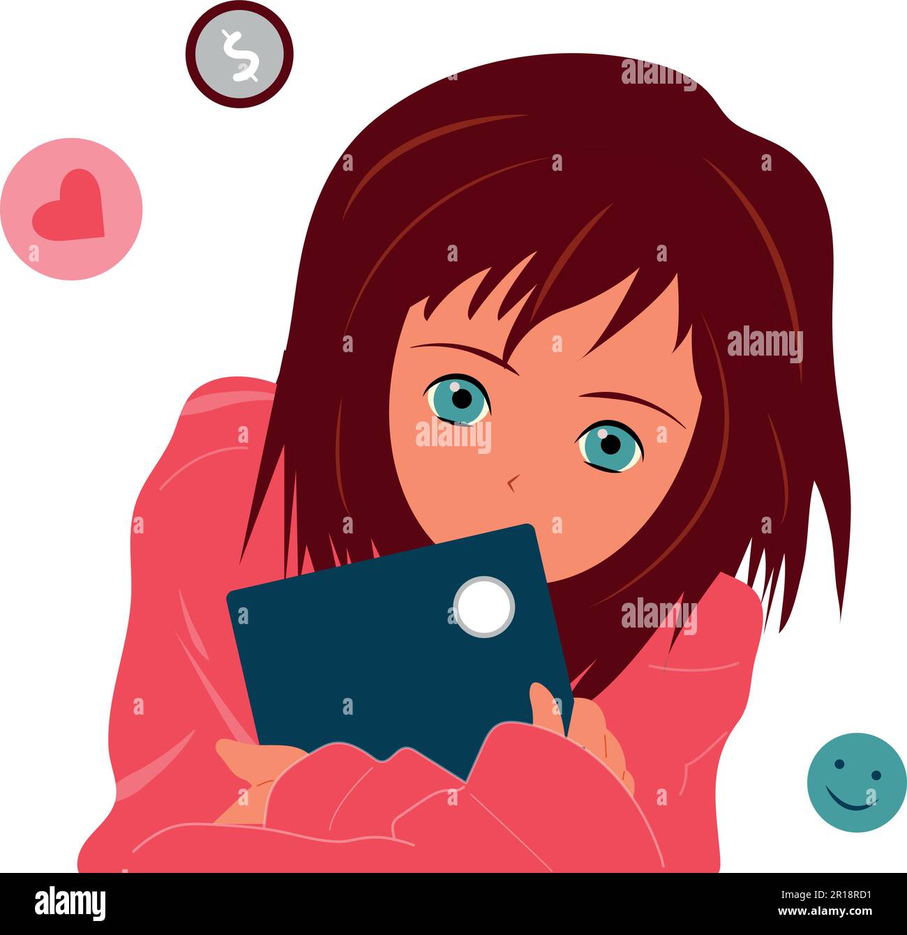 girl holds her favorite tablet in her hands. Good emotions.Computer ...
