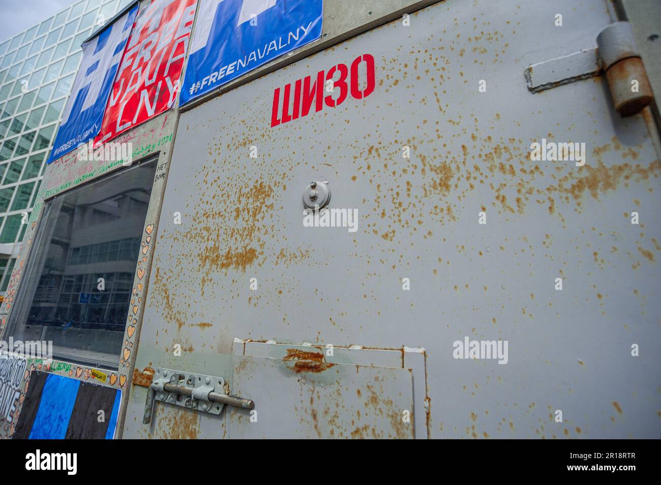 The Hague, Netherlands. 11th May 2023. Replica of prison cell of Putin ...