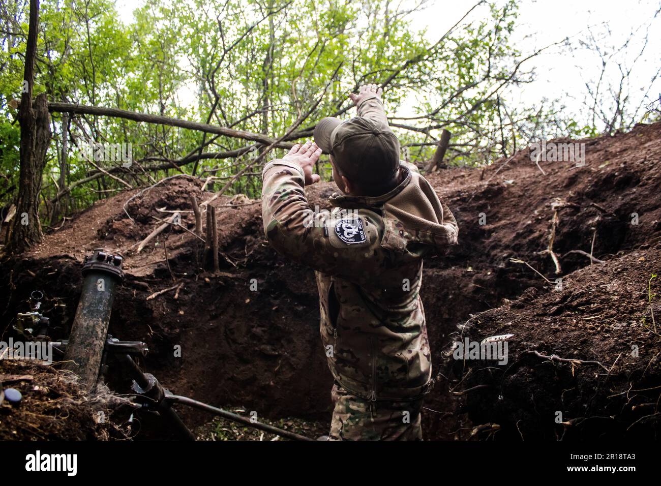 Ukrainian soldier from the 28th Artillery Battalion posing front a ...