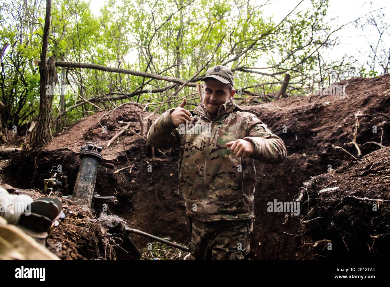 Ukrainian soldier from the 28th Artillery Battalion posing front a ...