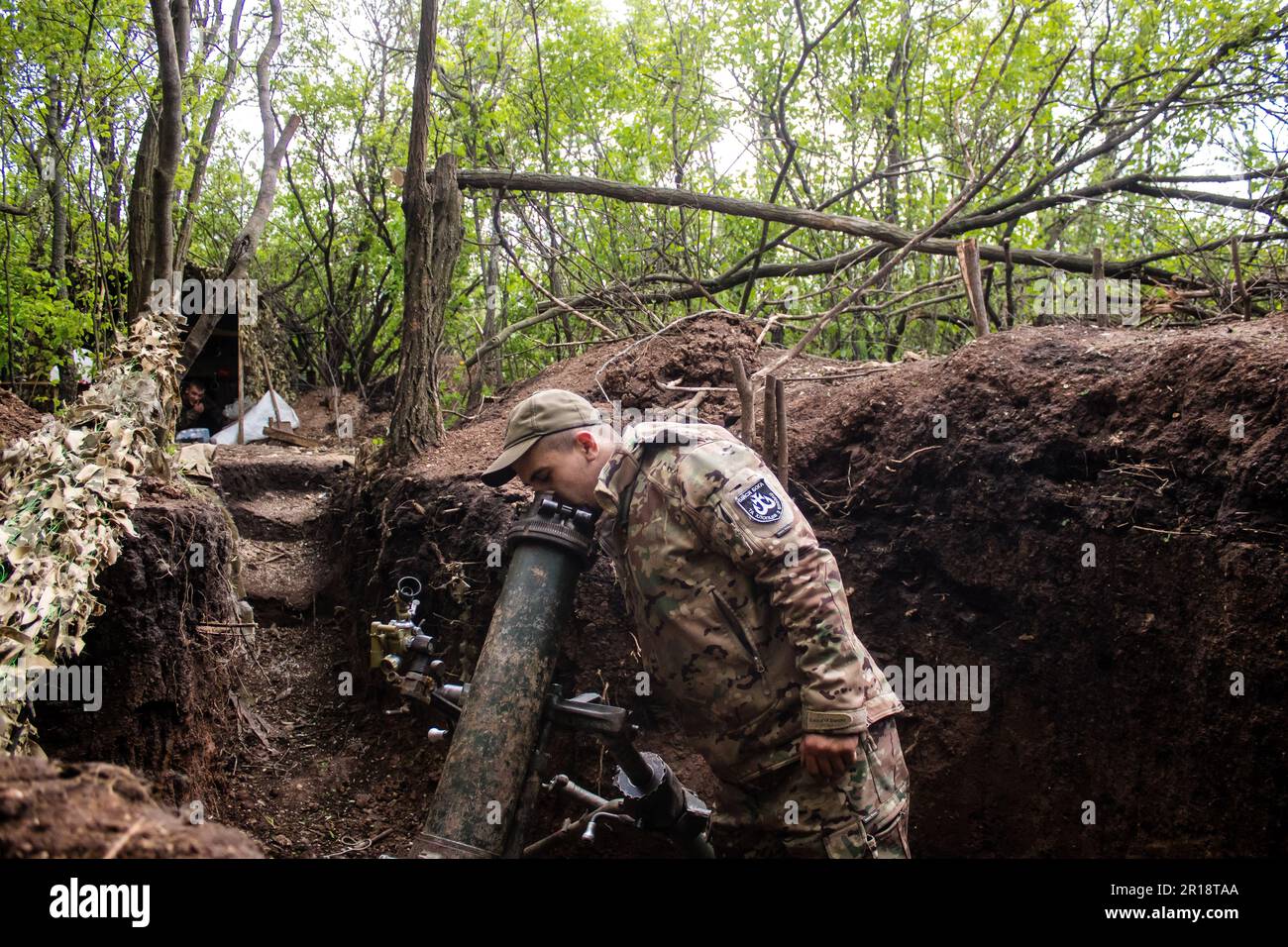 Ukrainian soldier from the 28th Artillery Battalion posing front a ...