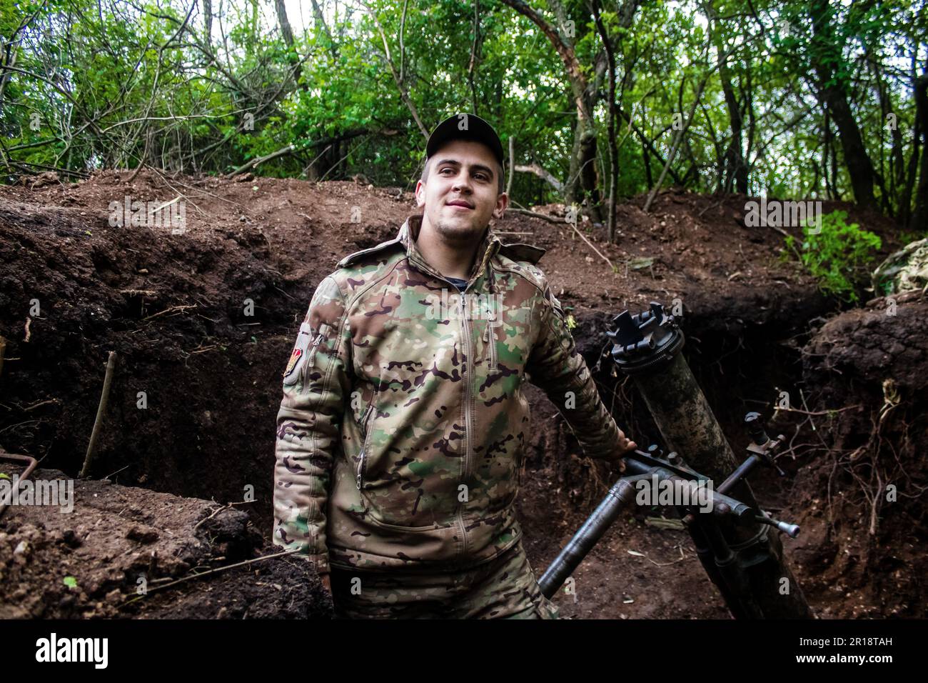 Ukrainian soldier from the 28th Artillery Battalion posing front a ...