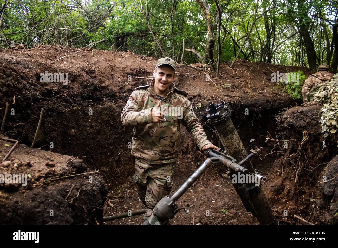 Ukrainian soldier from the 28th Artillery Battalion posing front a ...