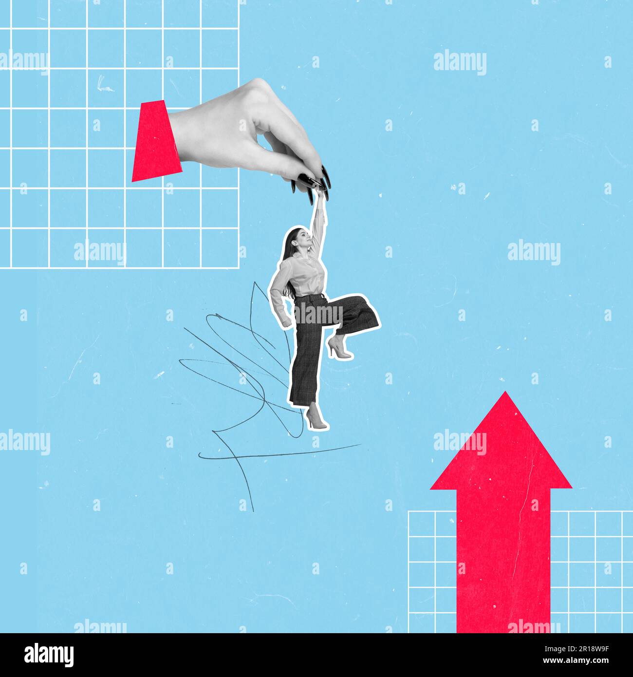 Contemporary art collage with huge hand holding businesswoman, office ...