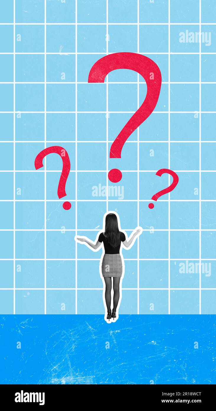 Contemporary art collage with pensive business woman standing near huge ...