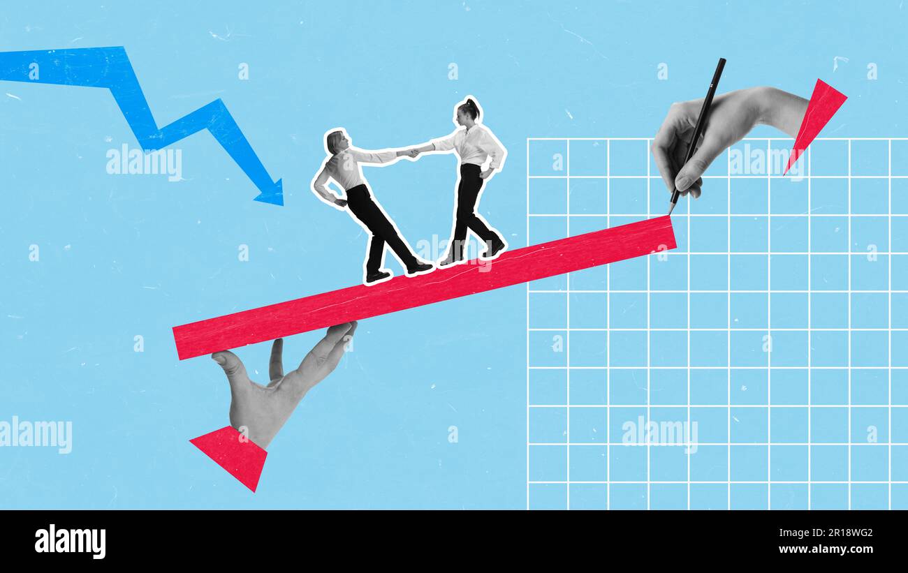 Contemporary art collage with two businesswomen, competitors wearing ...