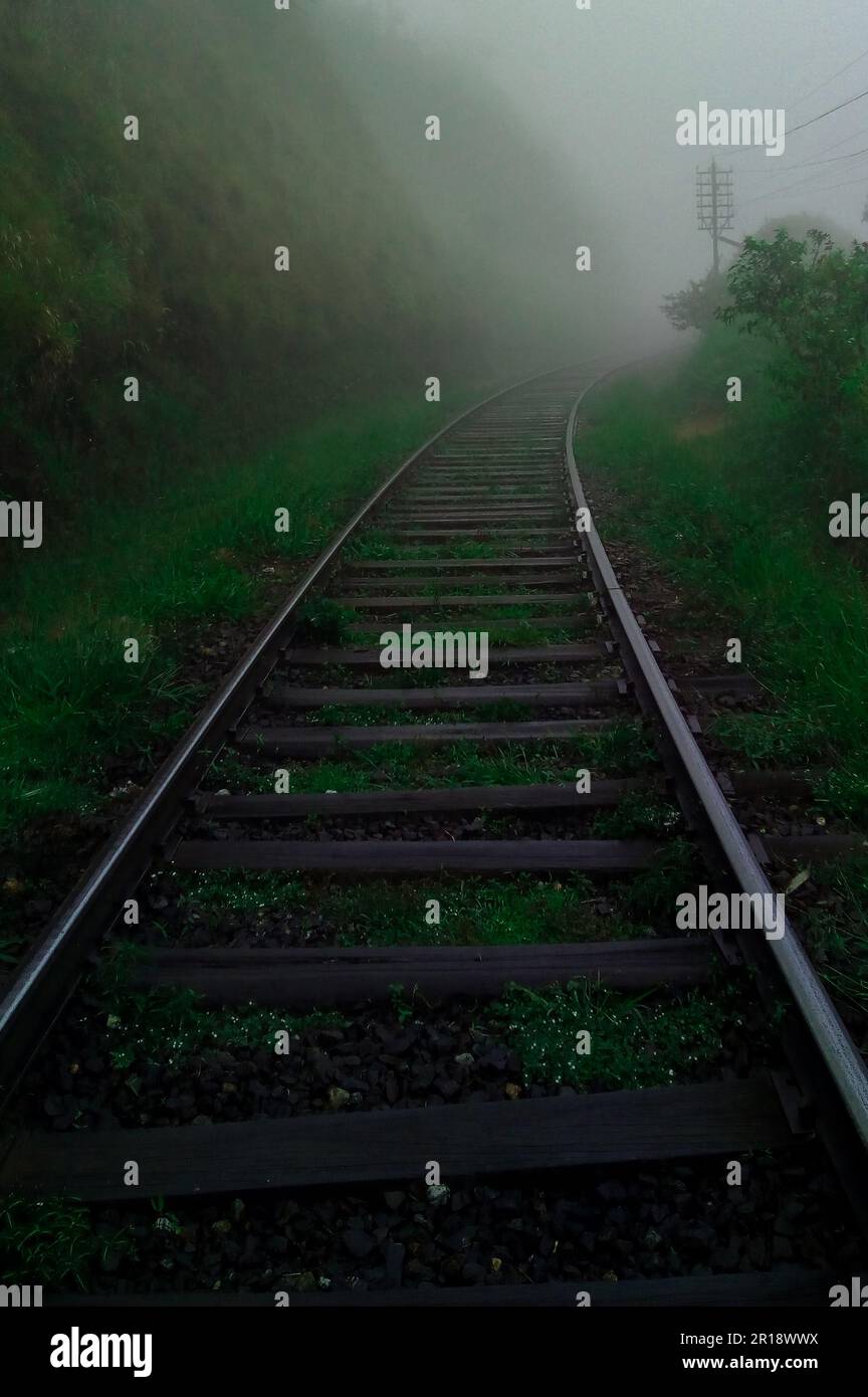 Eye-catching railroad with misty and dark environment Stock Photo - Alamy