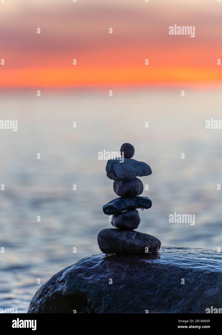 Stone pyramids on the dreamy Baltic Sea sandy beach on Rügen to the ...