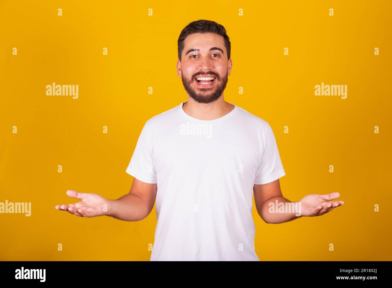 Brazilian Latin American man, with open arms, feeling of happiness ...