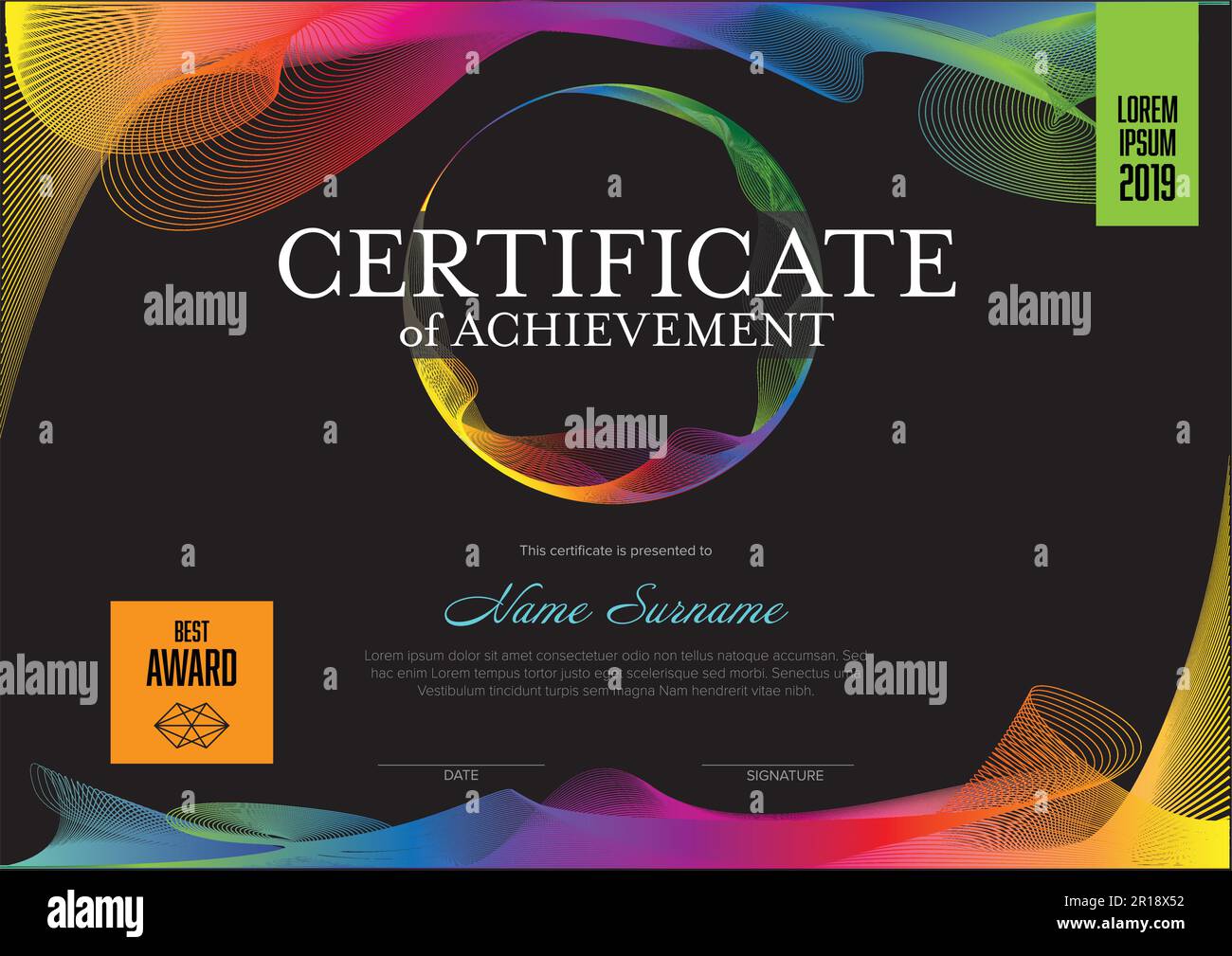Modern art colorful certificate of achievement template with place for ...