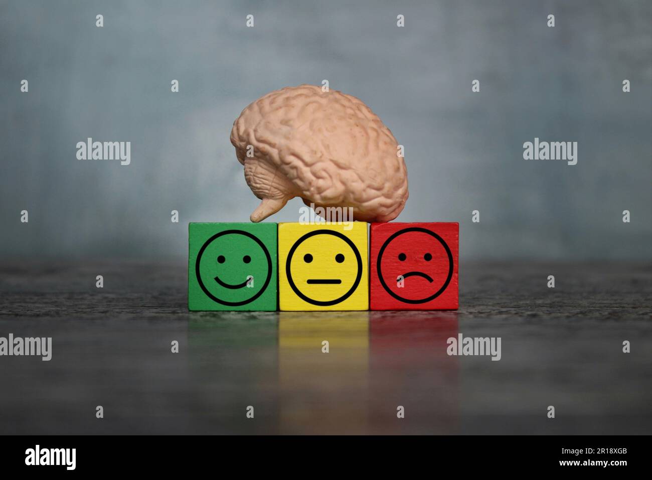 Brain and wooden cubes with happy, neutral and sad face. Mental health ...