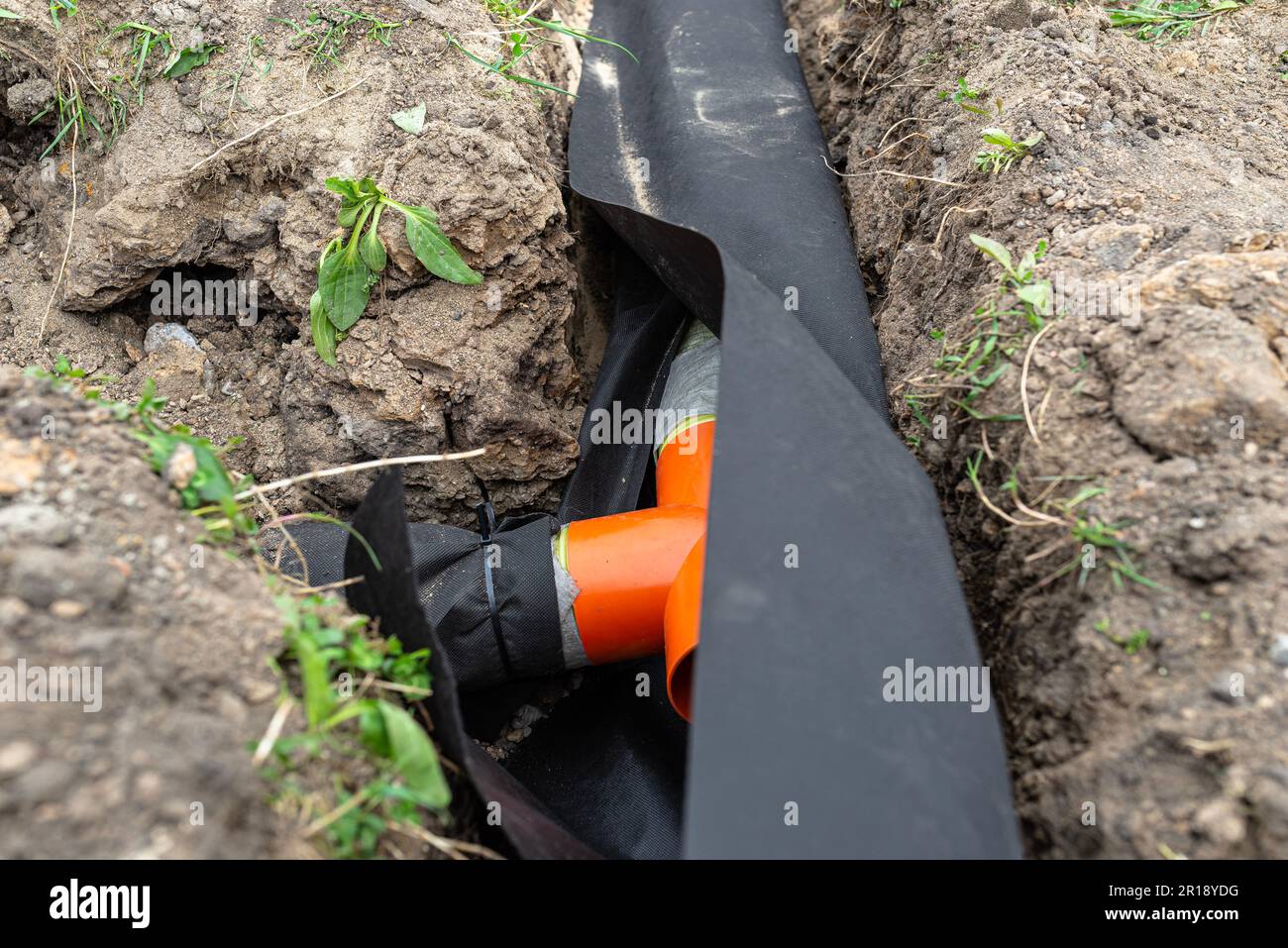 Drainage pipe wrapped in geotextile, inserted into a ditch dug around ...
