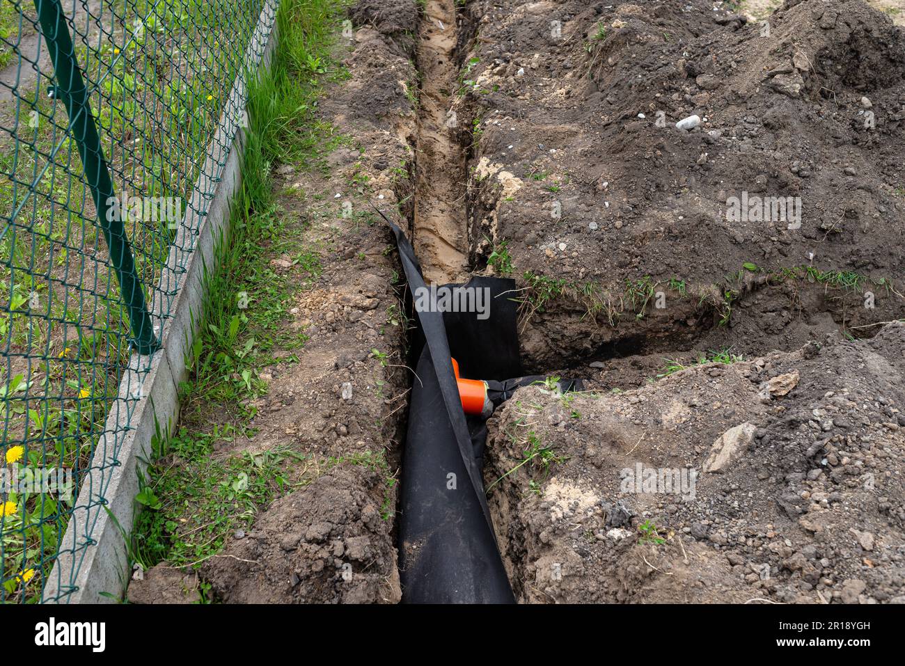 Drainage pipe wrapped in geotextile, inserted into a ditch dug around ...