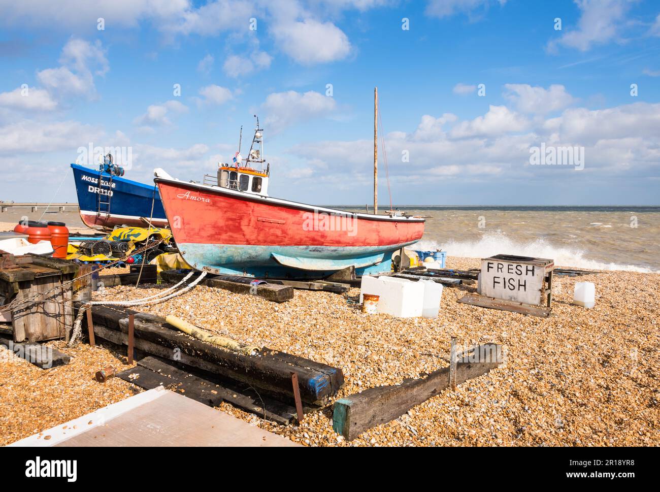 Traditional fishing boats on a shingle beach in Deal, Kent, England ...