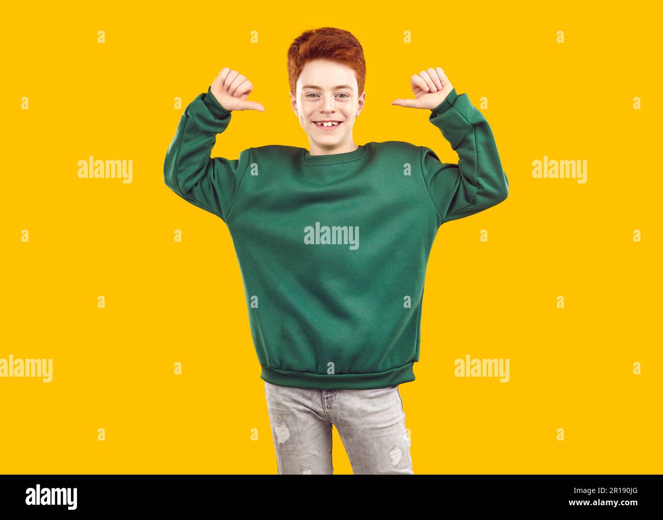 I'm the best. Happy proud self confident child boy smiling and pointing ...