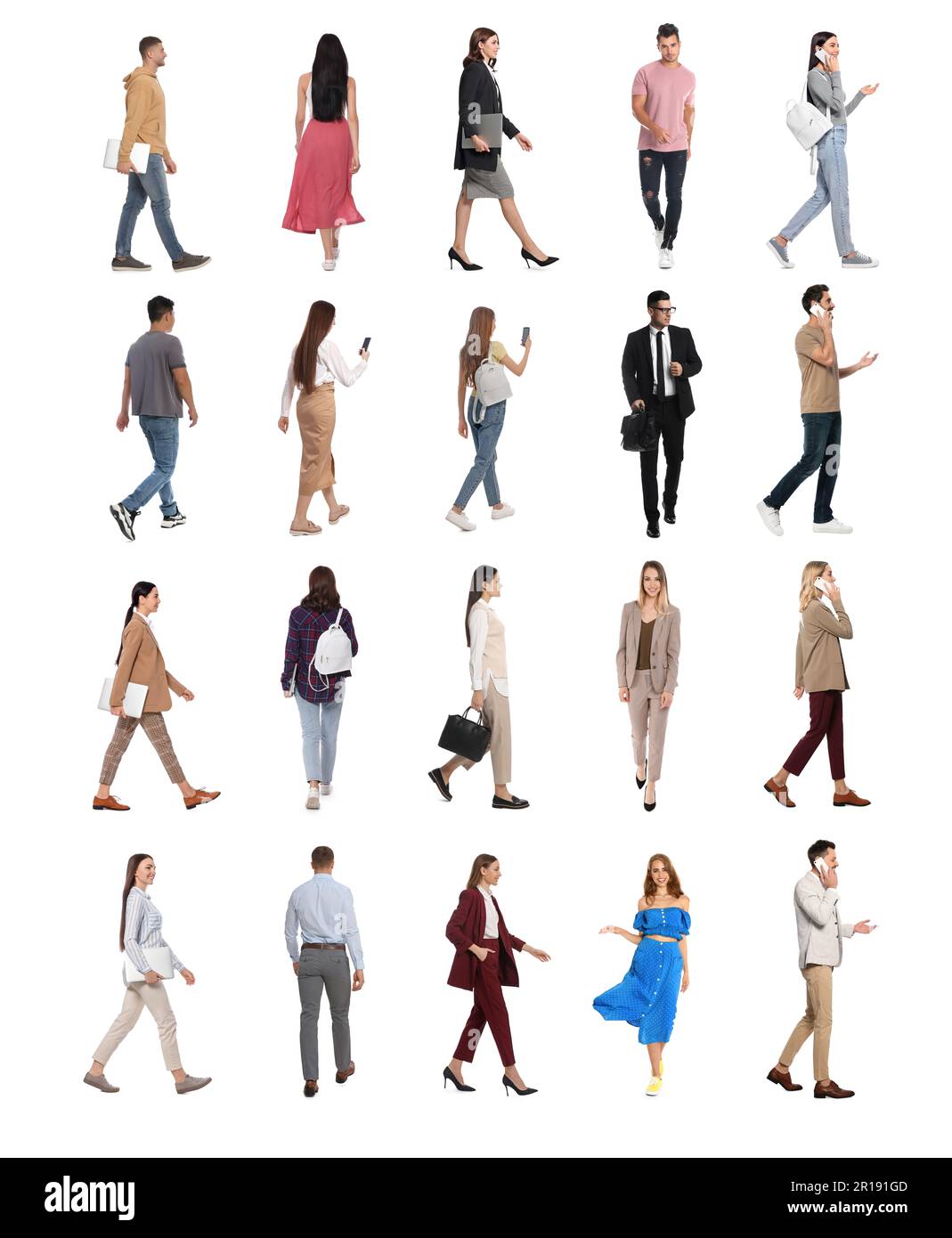 Collage with photos of people wearing stylish outfit walking on white ...
