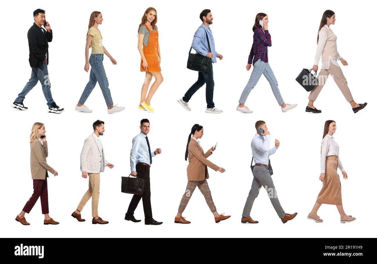 Collage with photos of people wearing stylish outfit walking on white ...