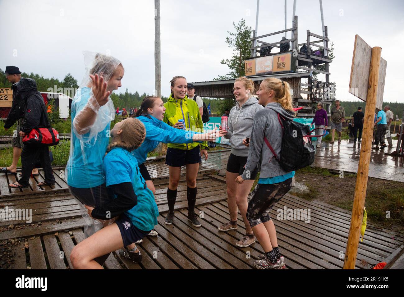 SWAMP SOCCER, FINLAND, 2014: A women's team celebrate a win and dance ...