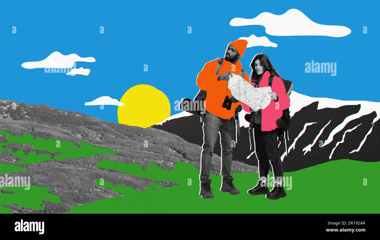 Young couple, mana nd woman travelling in mountains, hiking, camping ...