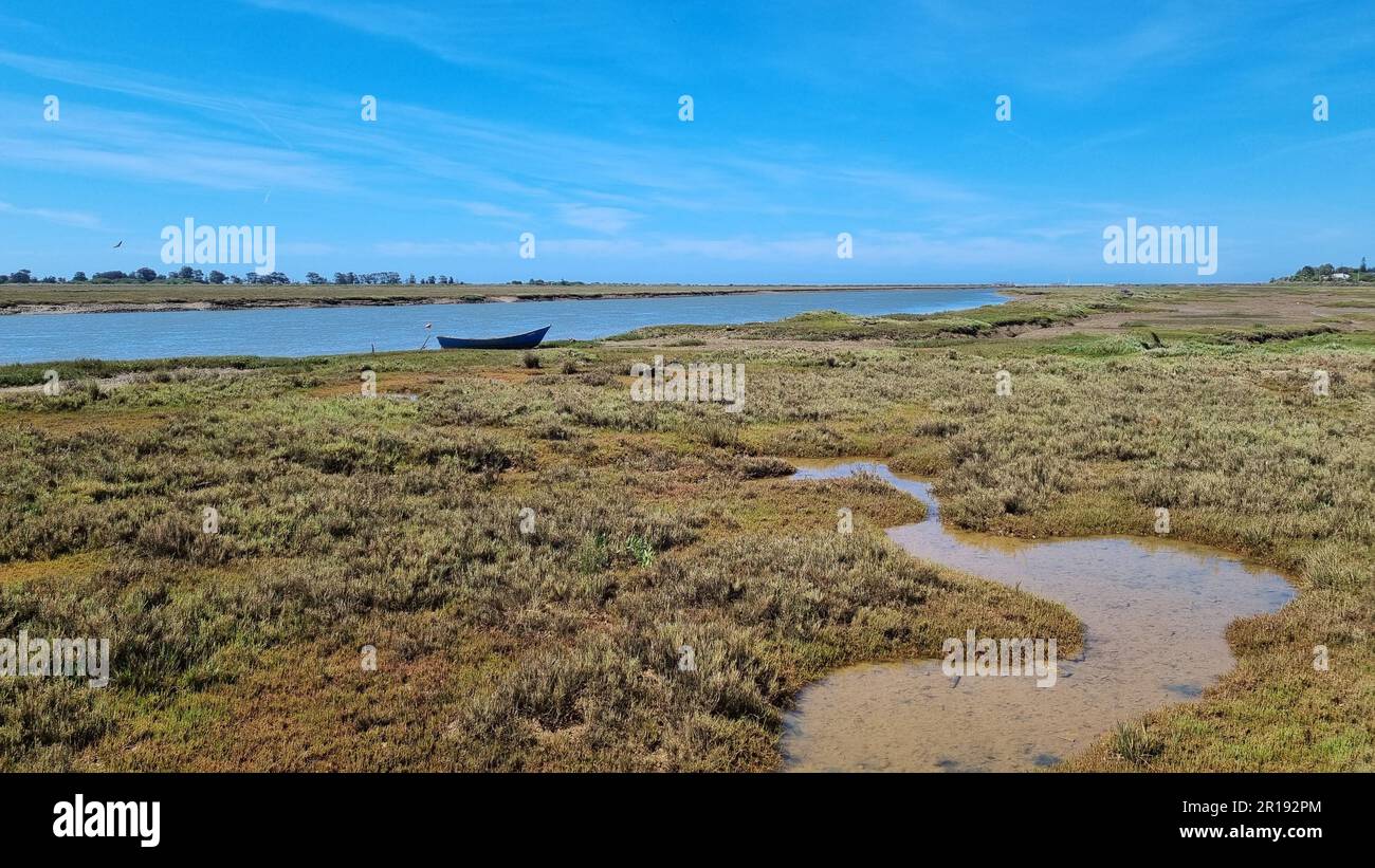 A scenic view of a boat near a lake in Ria Formosa nature reserve in ...