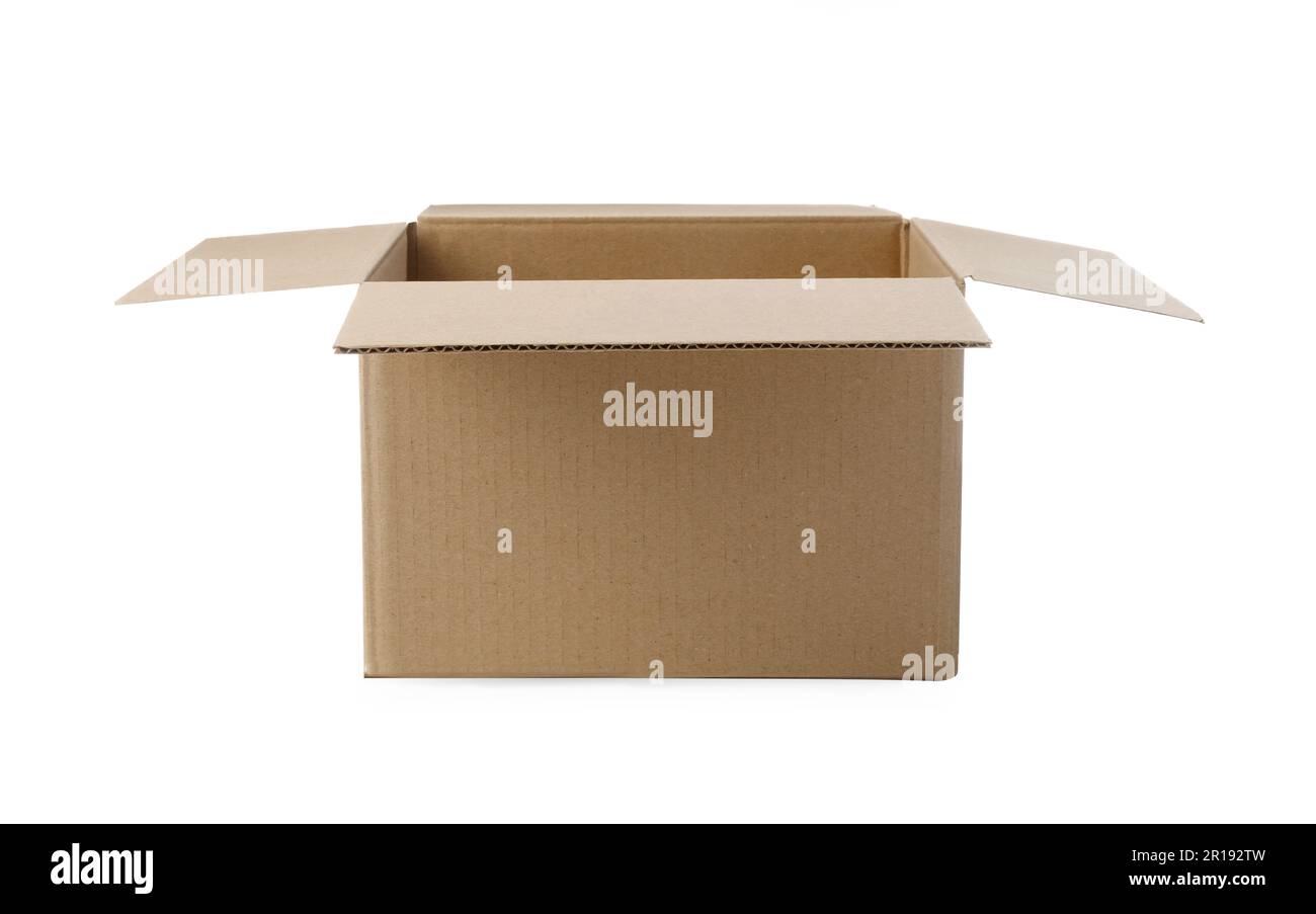One open cardboard box on white background Stock Photo - Alamy