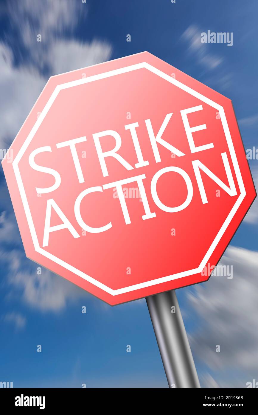 Red road sign with strike action word, 3d rendering Stock Photo - Alamy