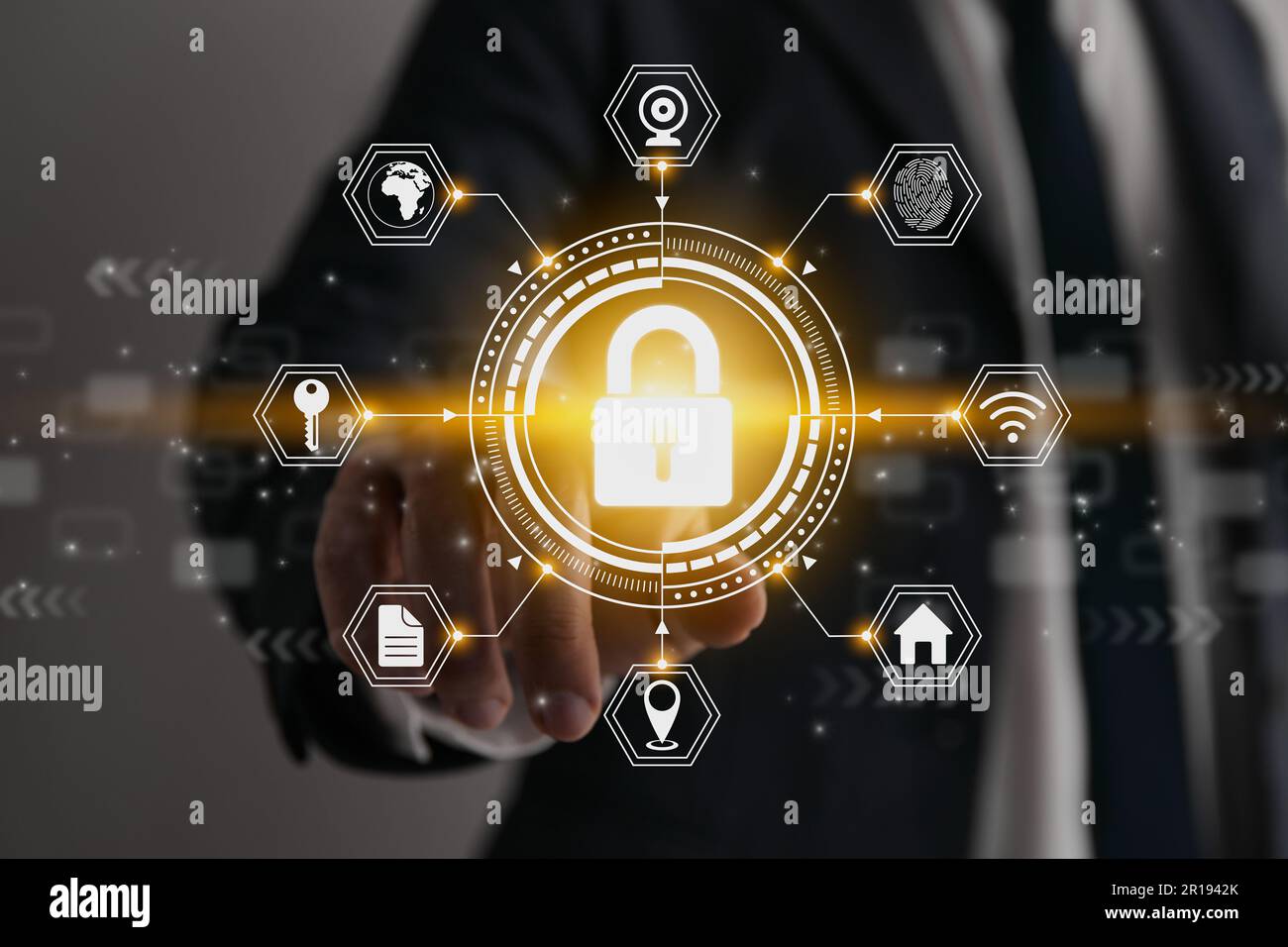 Businessman Hand and Finger Touching Screen and Hexagon HUD Lock ...