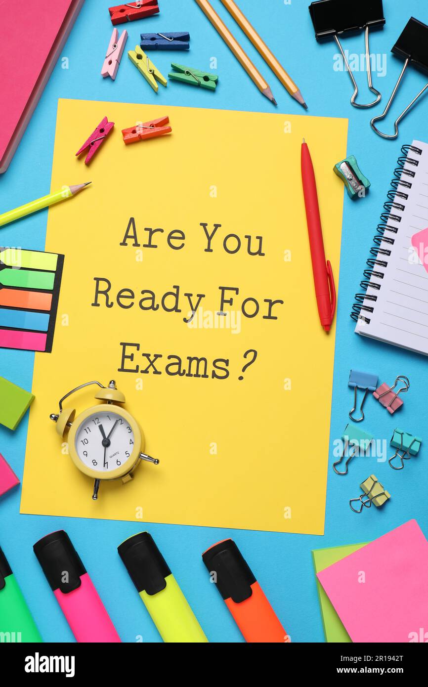Yellow paper with question Are you ready for exams and stationery on ...