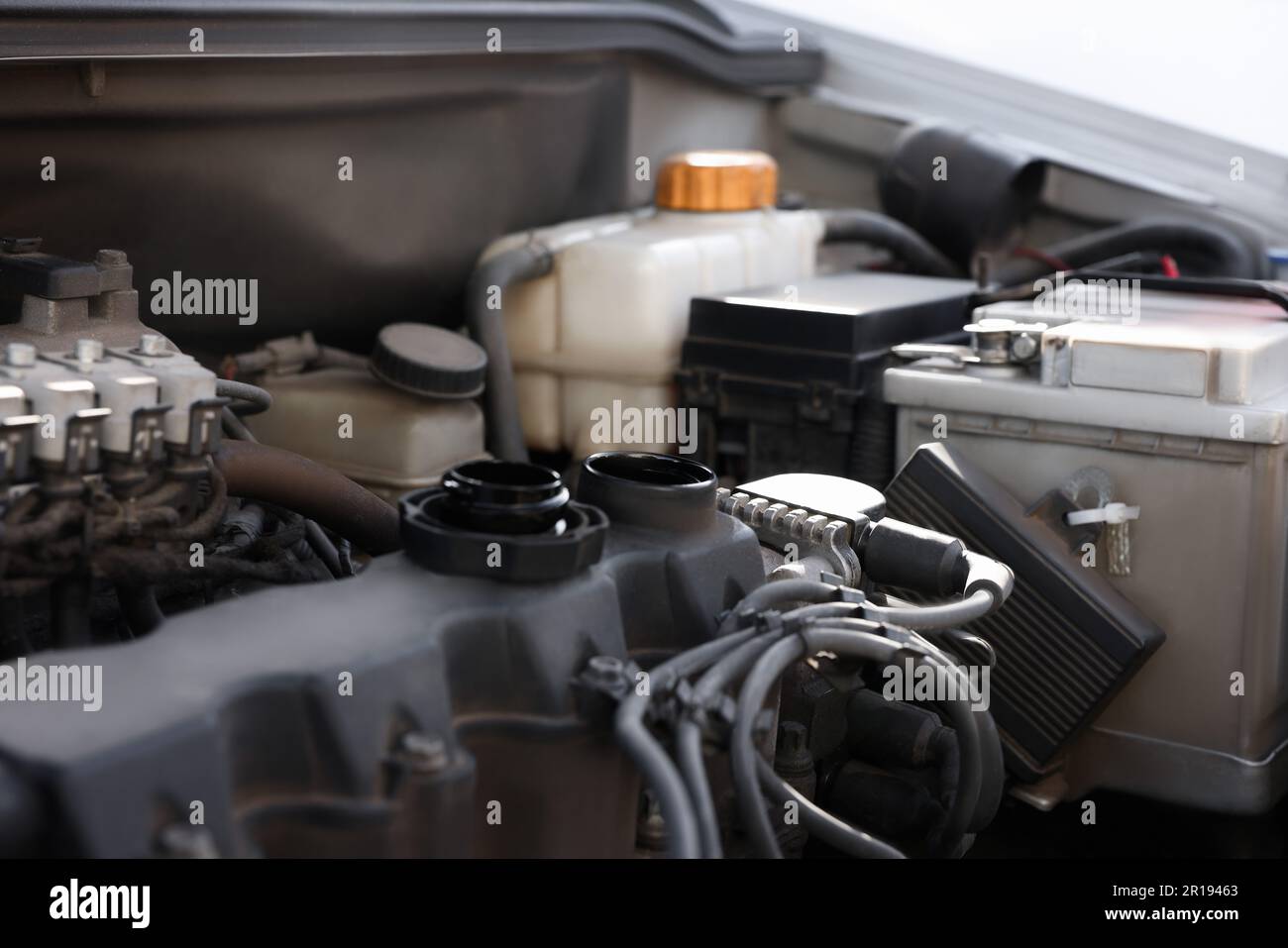 Closeup view of engine bay in modern auto Stock Photo - Alamy