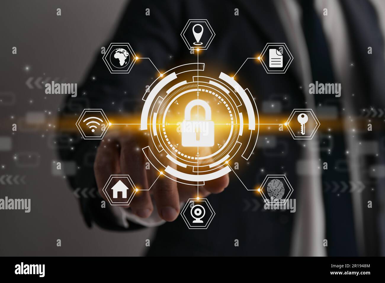 Businessman Hand and Finger Touching Screen and Hexagon UI HUD Lock ...