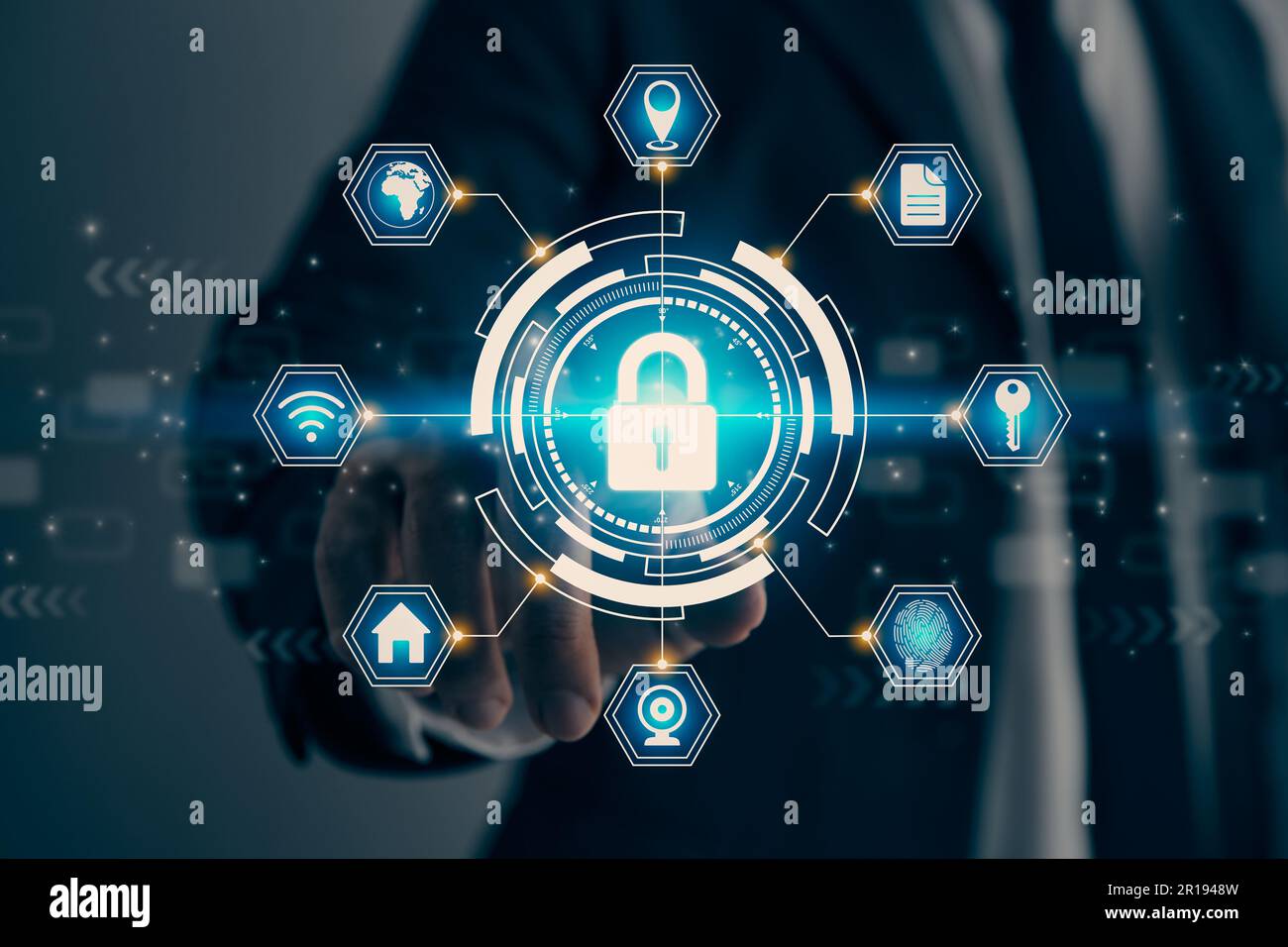 Businessman Hand and Finger Touching Screen and Hexagon Blue UI HUD ...