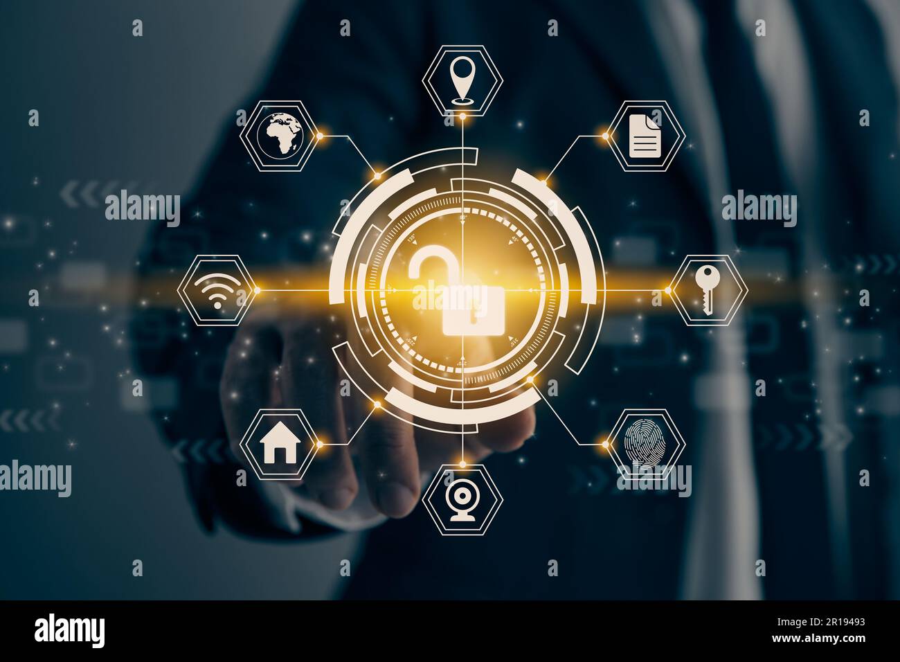 Businessman Hand and Finger Touching Screen and Hexagon UI HUD Unlock ...