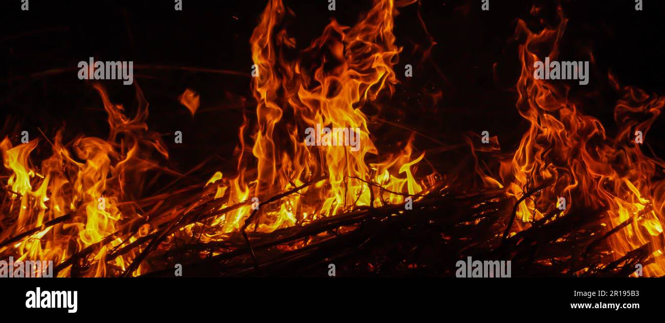 Fire flames with sparks on the night black background. Heat energy heap ...