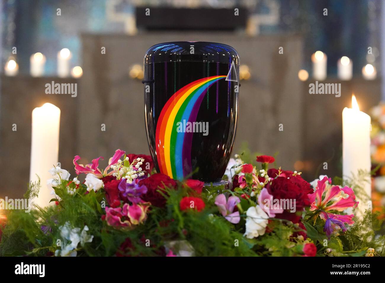 12 May 2023, Hamburg: The urn of the late Klaus Barkowsky, painted with ...