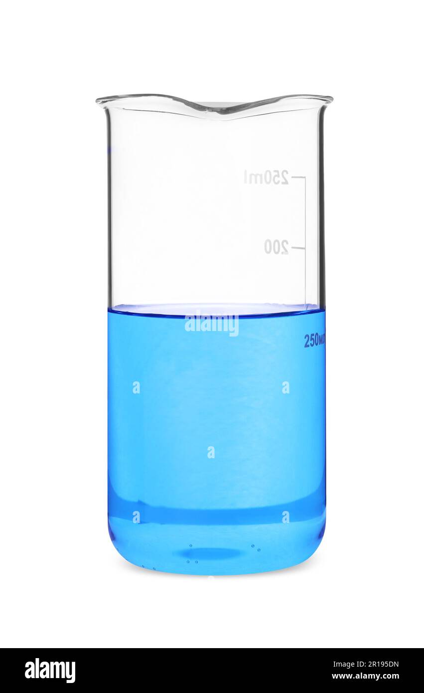 Glass beaker with light blue liquid isolated on white Stock Photo - Alamy